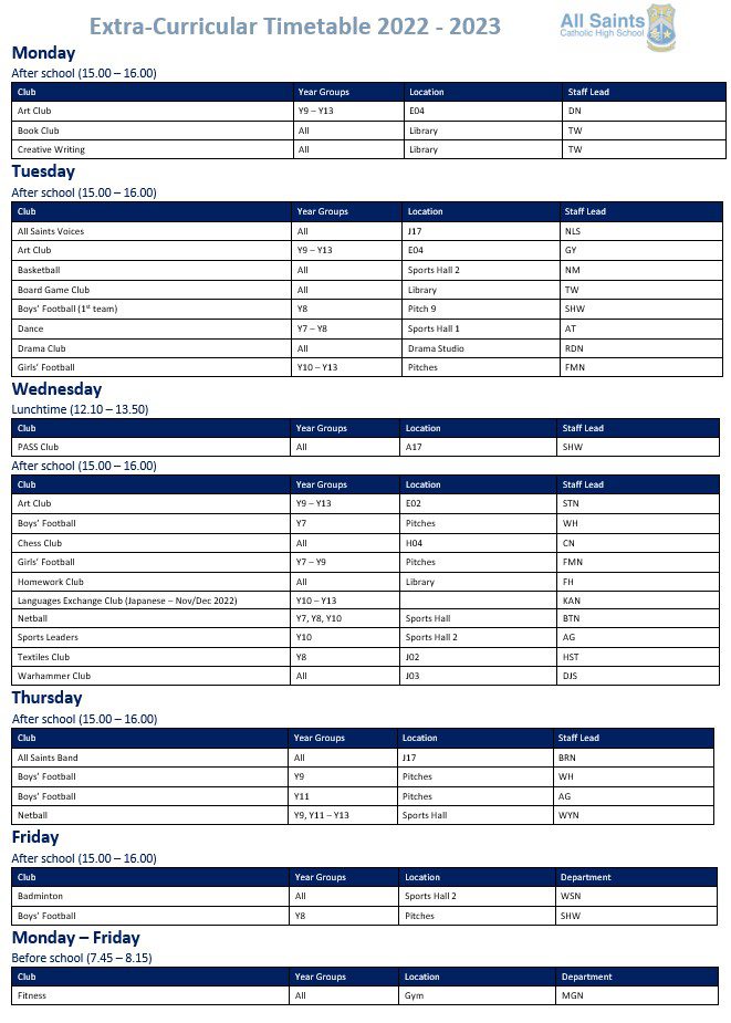 Extra Curricular | All Saints Catholic High School